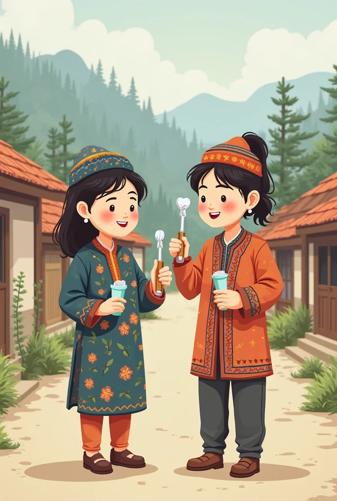 I want simple cartoon type of nepal folk 1men and 1 women holding ...