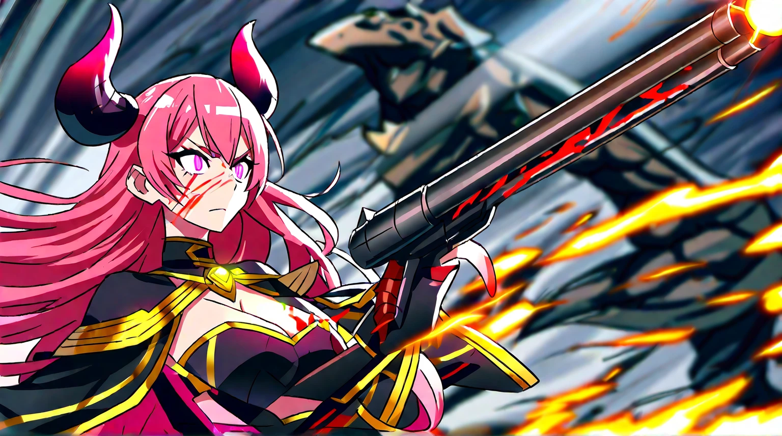 An anime-style female demon with long, flowing pink hair, exuding a ...