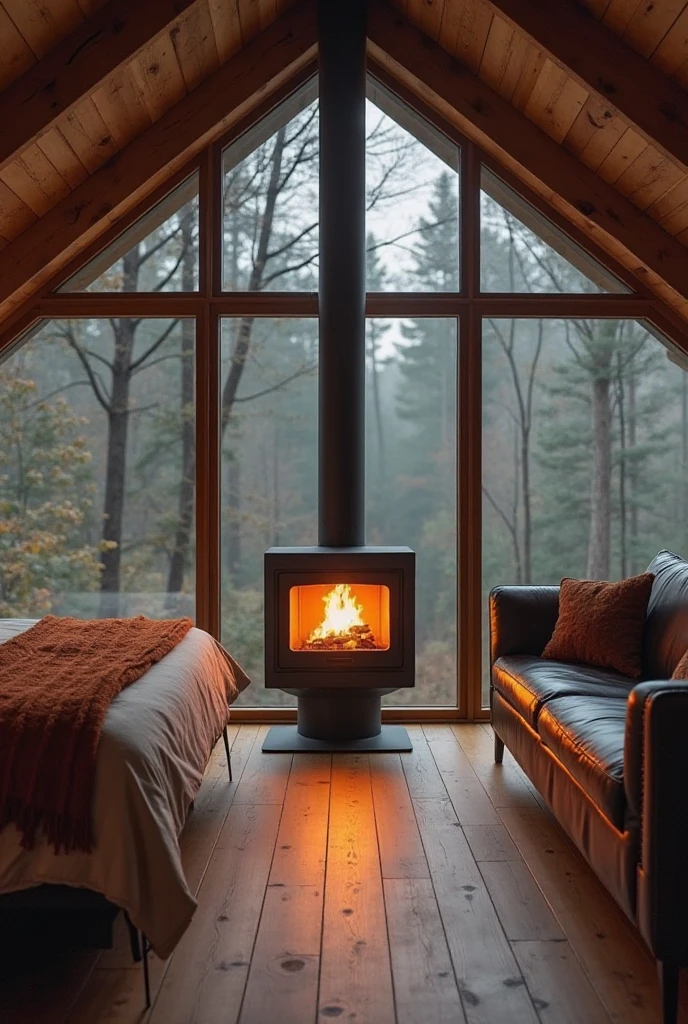 A cozy bedroom in a modern, wooden cabin. Large, angled windows offer a ...
