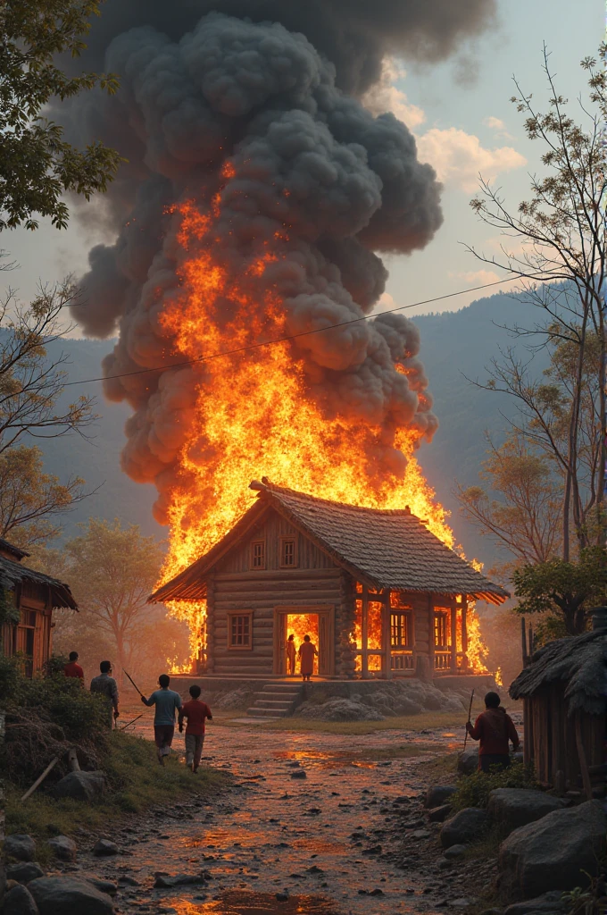 "A traditional Nepali house made of wood and stone, engulfed in flames ...