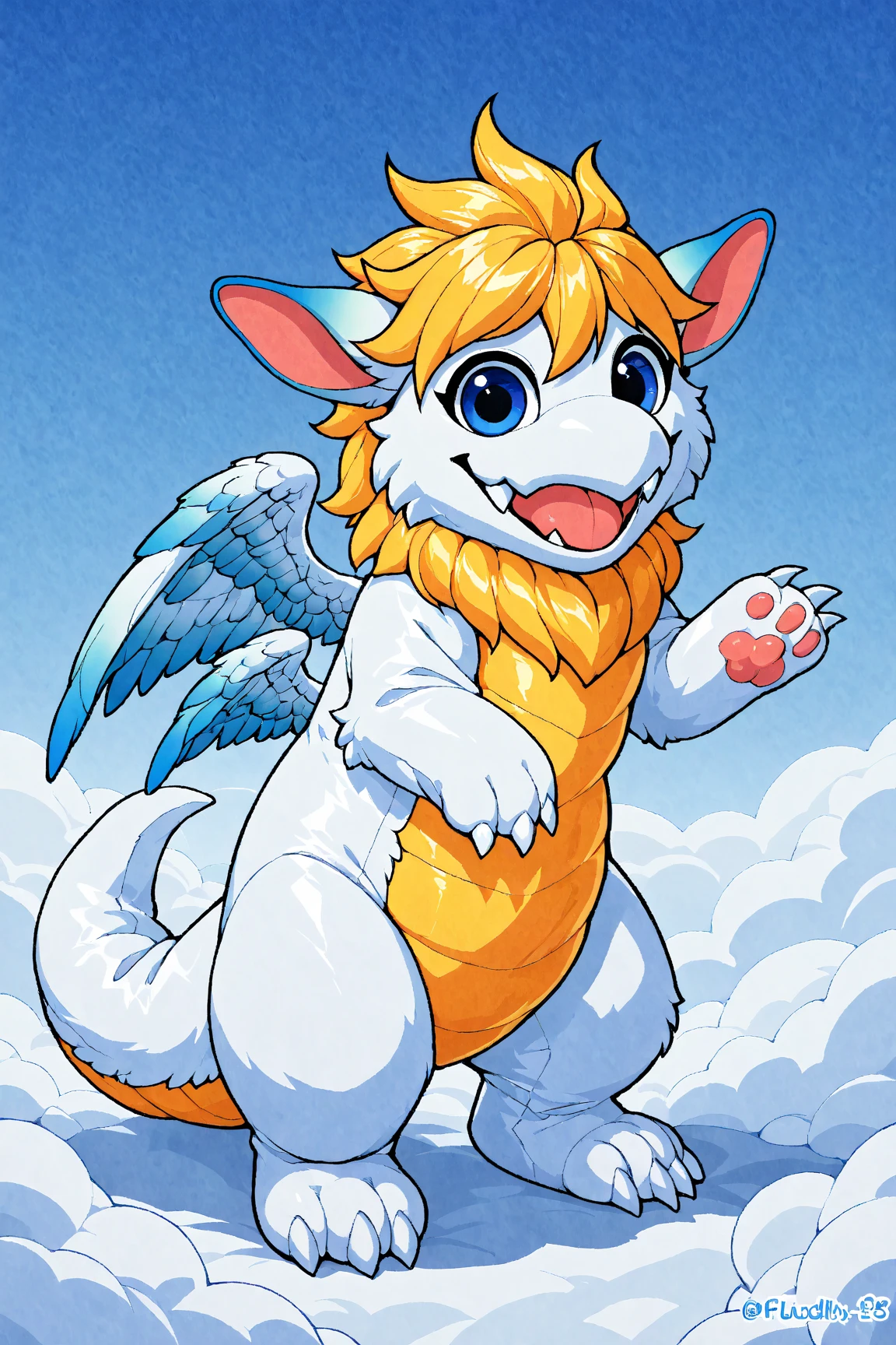 “A fluffy white dragon with golden mane and blue eyes, designed as a ...