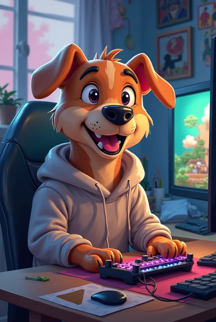A gamer funny dog wearing hoodie in a gamer room playing mincraft ...