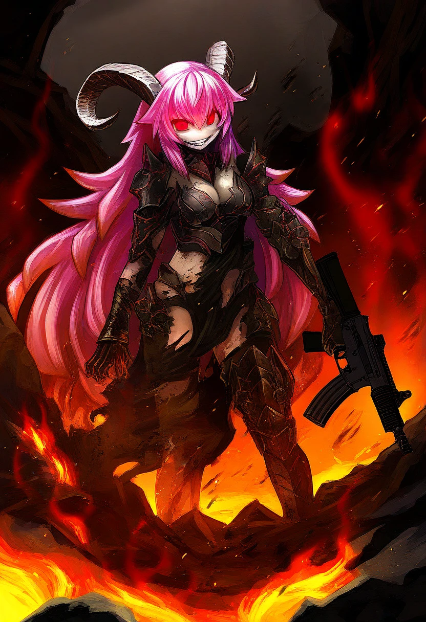 Anime-style female demon with long, flowing pink hair, glowing red eyes ...