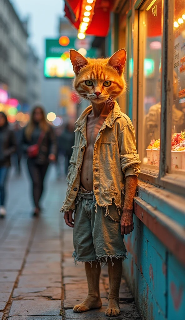 A humanoid orange cat, frail and underweight, stands next to a colorful ...