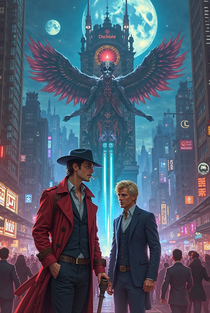 "A cinematic cyberpunk dystopian illustration featuring a towering ...