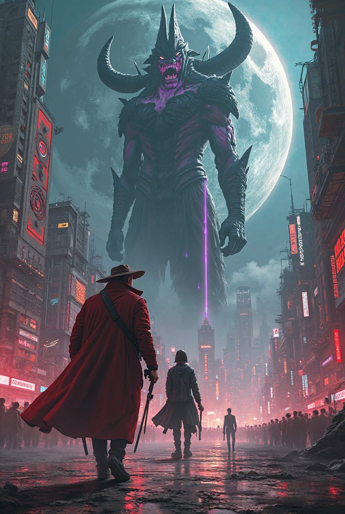 "A cinematic cyberpunk dystopian illustration featuring a towering ...