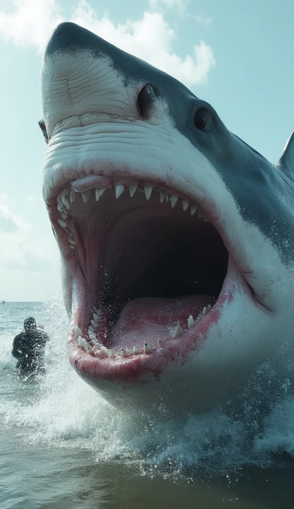 The giant shark opened its big mouth on the shore and the shark - SeaArt AI