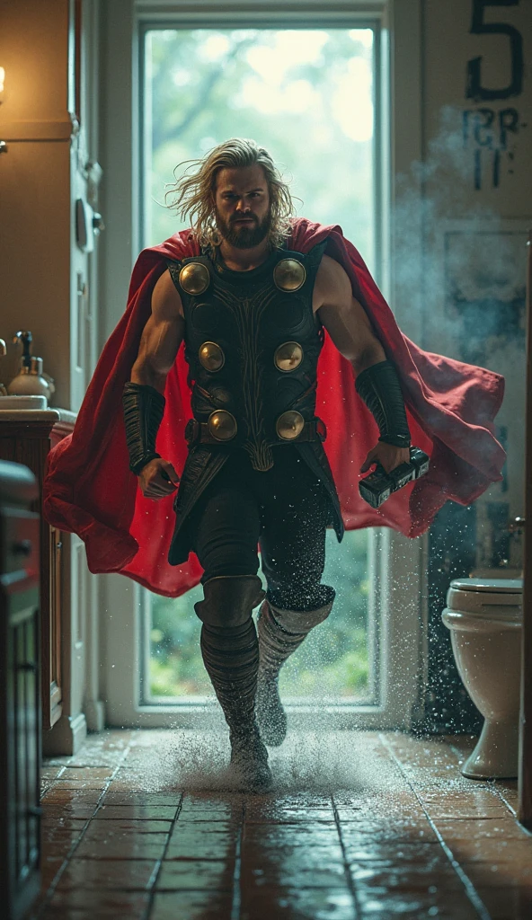 Thor running int a bathroom in a house - SeaArt AI