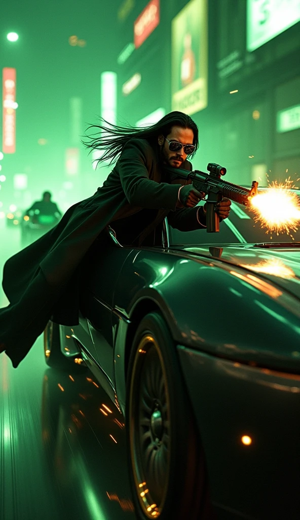Neo (John Wick crossover) hangs halfway out the window of a futuristic ...