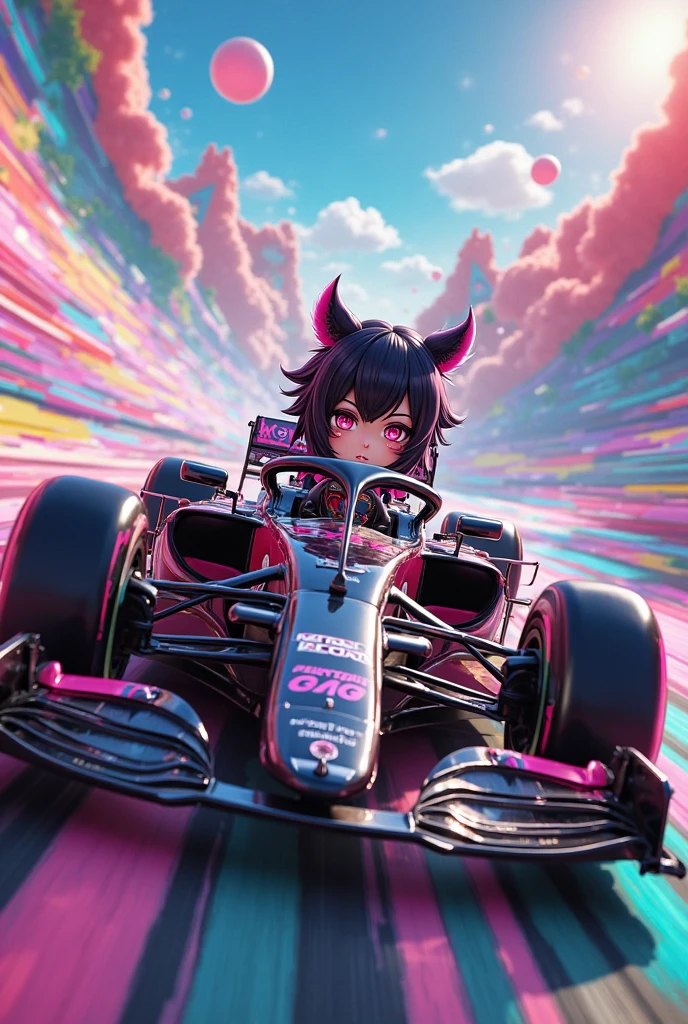 Kuromi driving a black and pink Formula 1 car on a rainbow - SeaArt AI