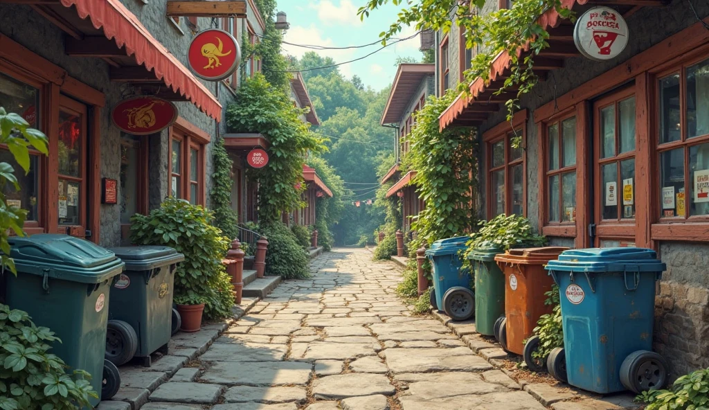 Old back alley, cute, asphalt on floor, trash cans filled, forest in ...
