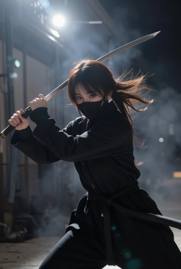 Photograph of a A swiftly moving Japanese ninja woman clad in sleek ...