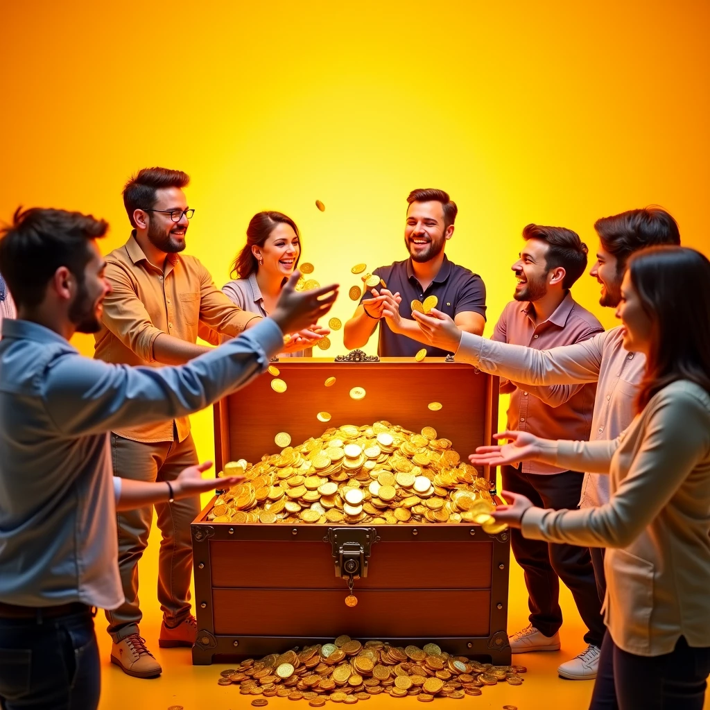 A group of people enthusiastically sharing a large treasure chest ...