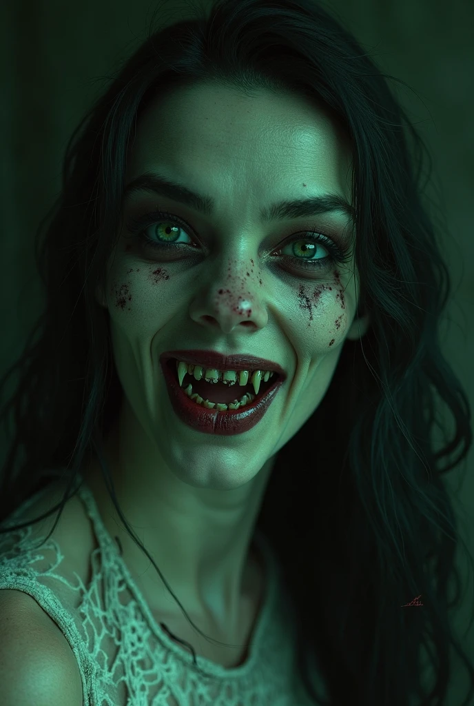 A female lady ghost bloody eyes, 2 long upper teeth 2 long lower long ...