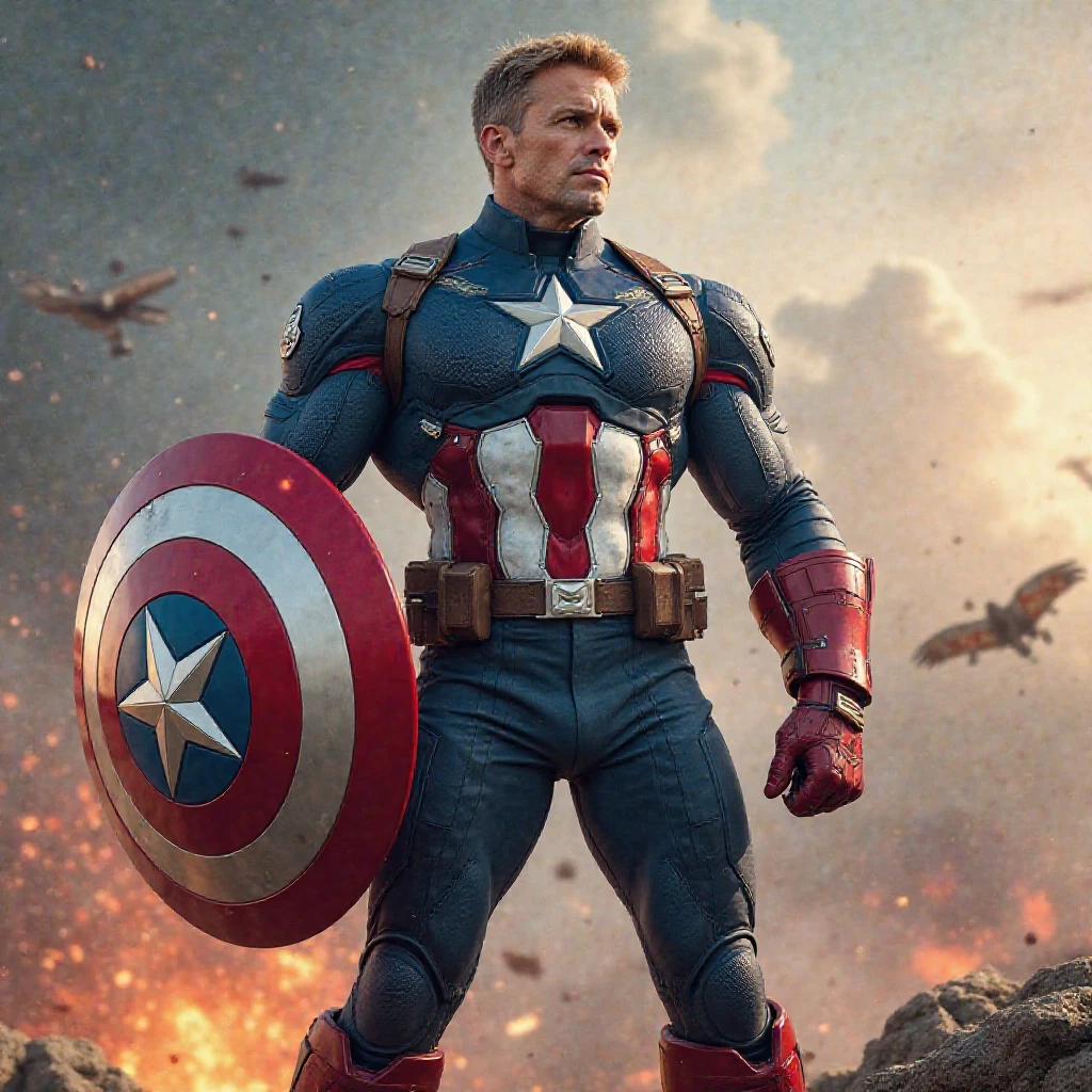 "A powerful and heroic super-soldier stands tall, wearing a sleek ...