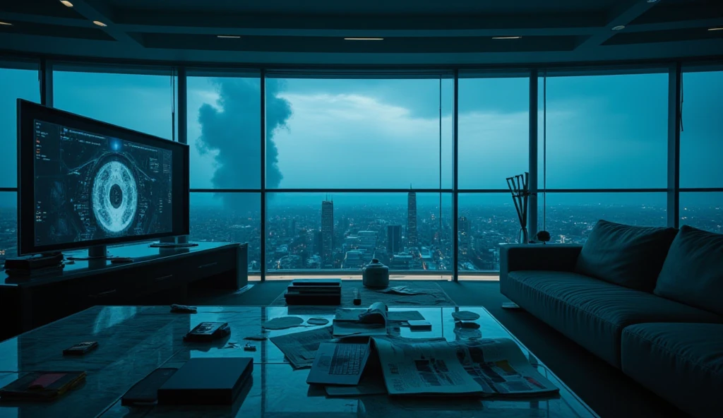 A luxurious, high-tech penthouse apartment at night, filled with dim ...