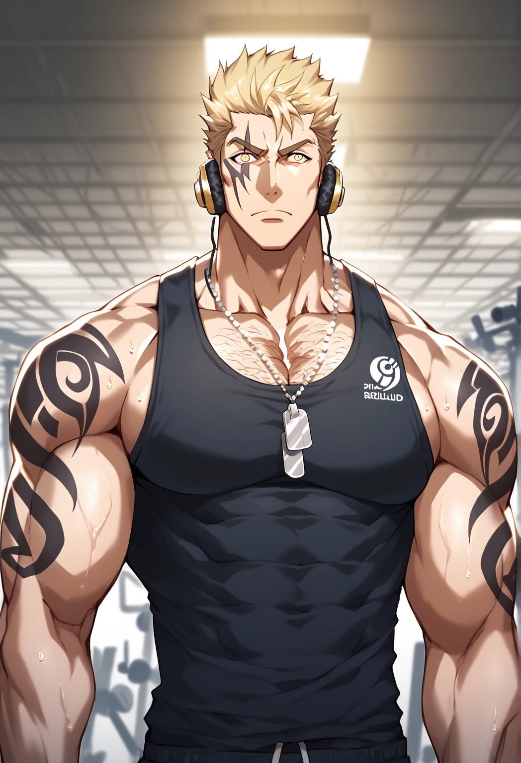 Laxus Dreyar, blond hair, staring at golden pendulum, stringer tanktop ...