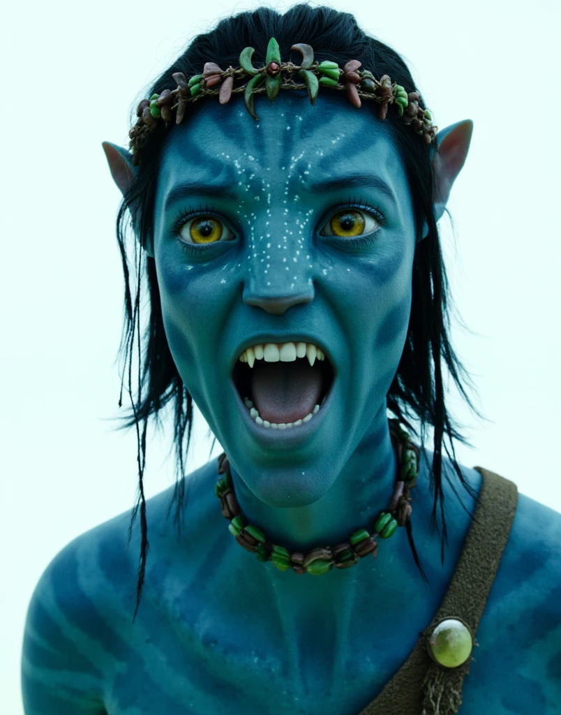 A close-up portrait of a na'vi female, teal skin color, wavy short ...
