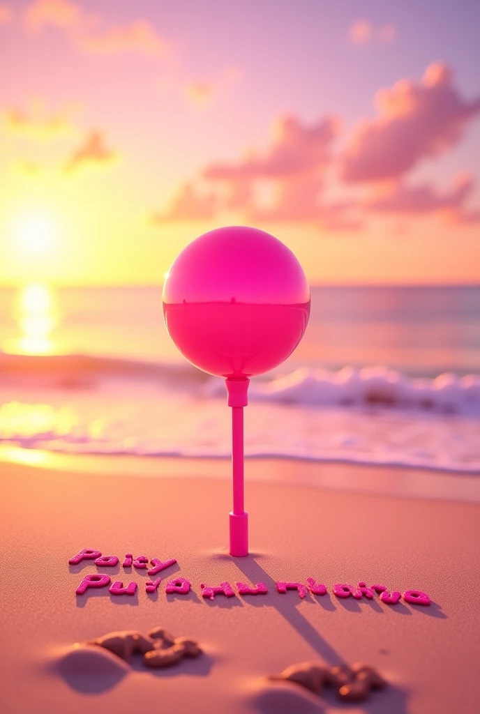 Image of a pink Baton, on the beach, with a beautiful sunset - SeaArt AI