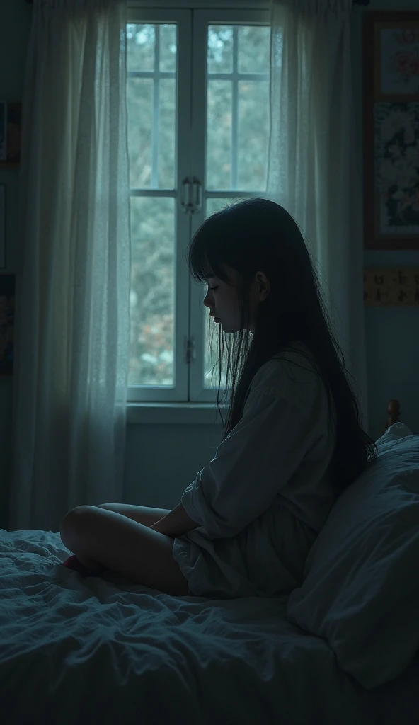 A dimly lit room where a girl sits alone on her bed, A faint breeze is ...