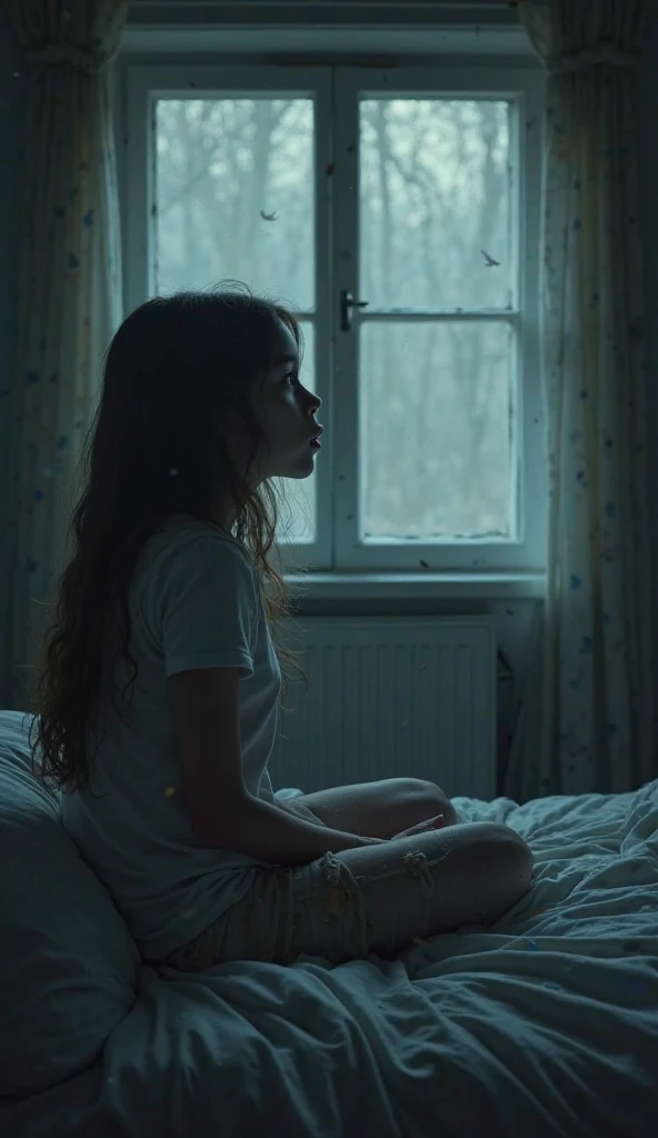 A dimly lit room where a girl sits alone on her bed, A faint breeze is ...