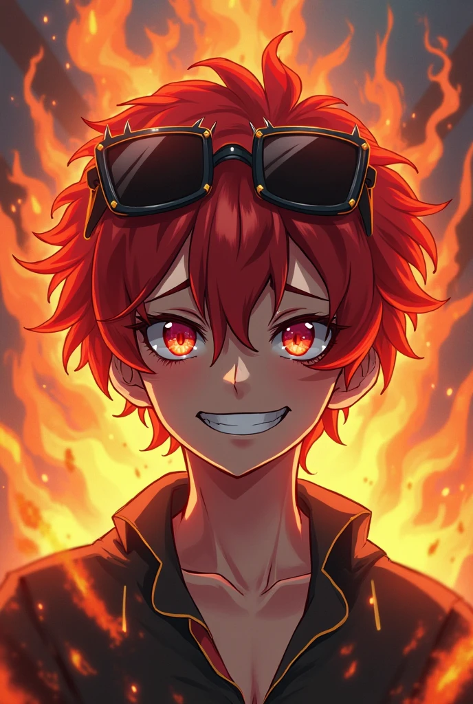 Flameborn, a redhead smiling maliciously, With black Spike glasses on ...
