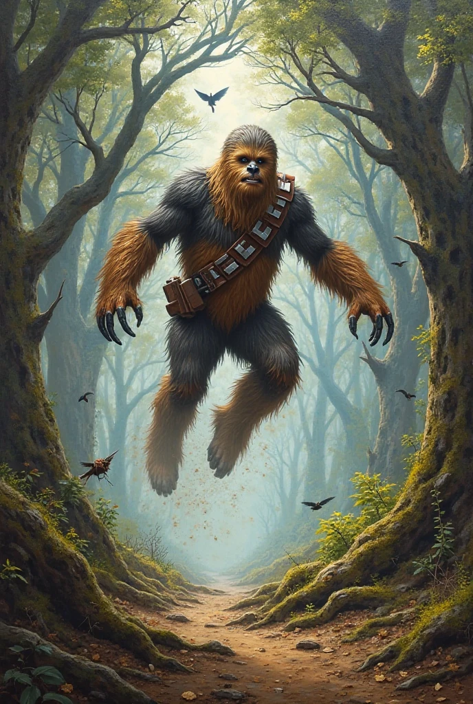 Oil painting of a wookie Jumping in a big tree in a Giant forest ...