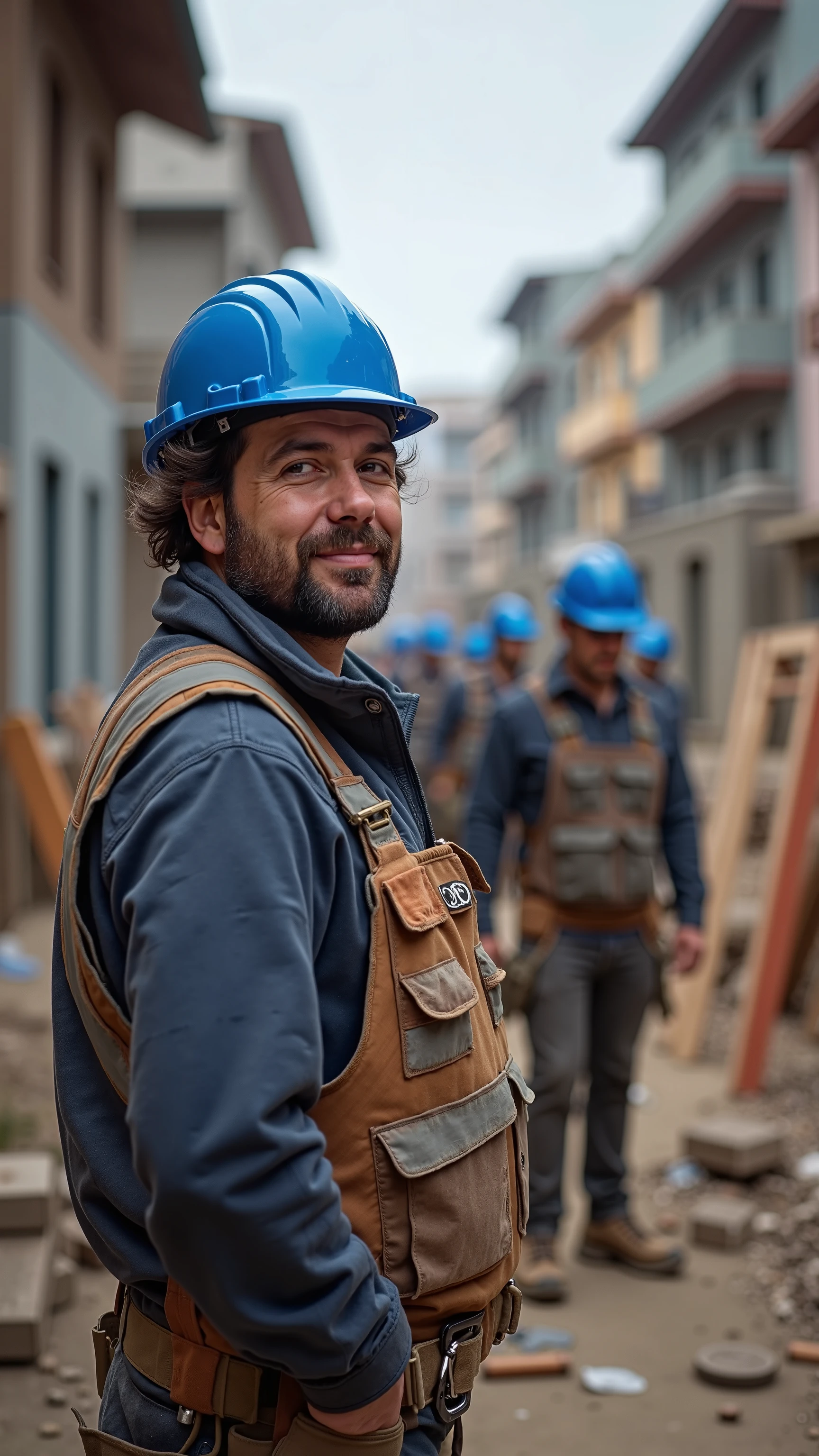 There is a man wearing a hard hat and a blue helmet - SeaArt AI