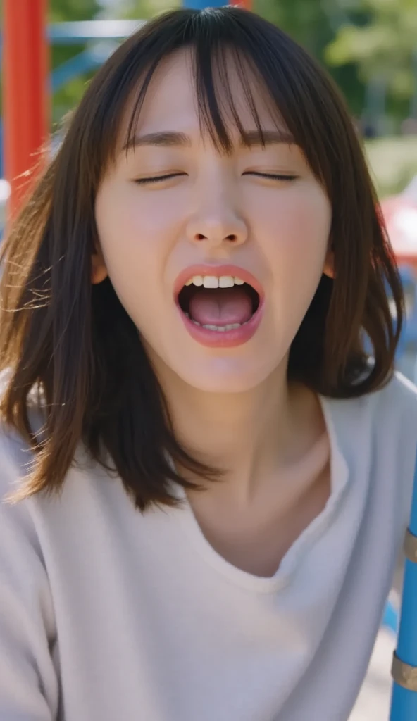 beautiful brown-haired woman closing her eyes and shouting - SeaArt AI