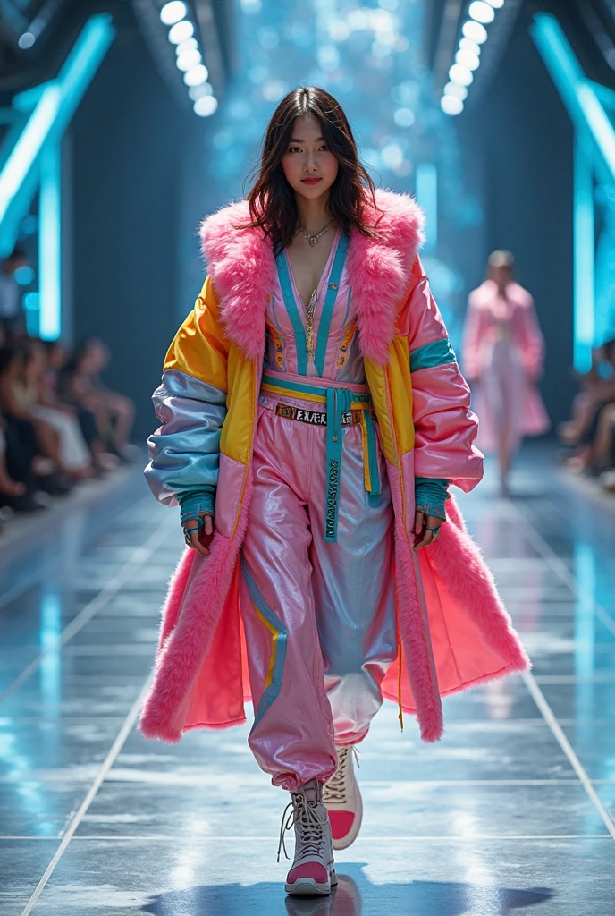 Madrid 2030 fashion week in Spain, Under a background of a futuristic ...