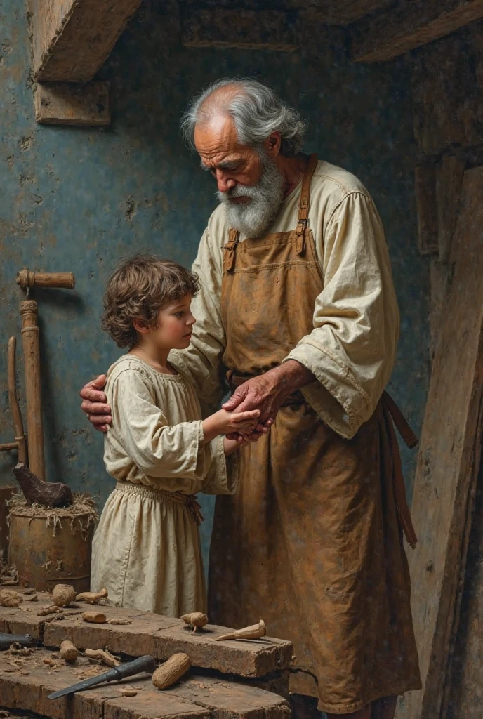 Saint Joseph with the baby Jesus teaching him carpentry - SeaArt AI
