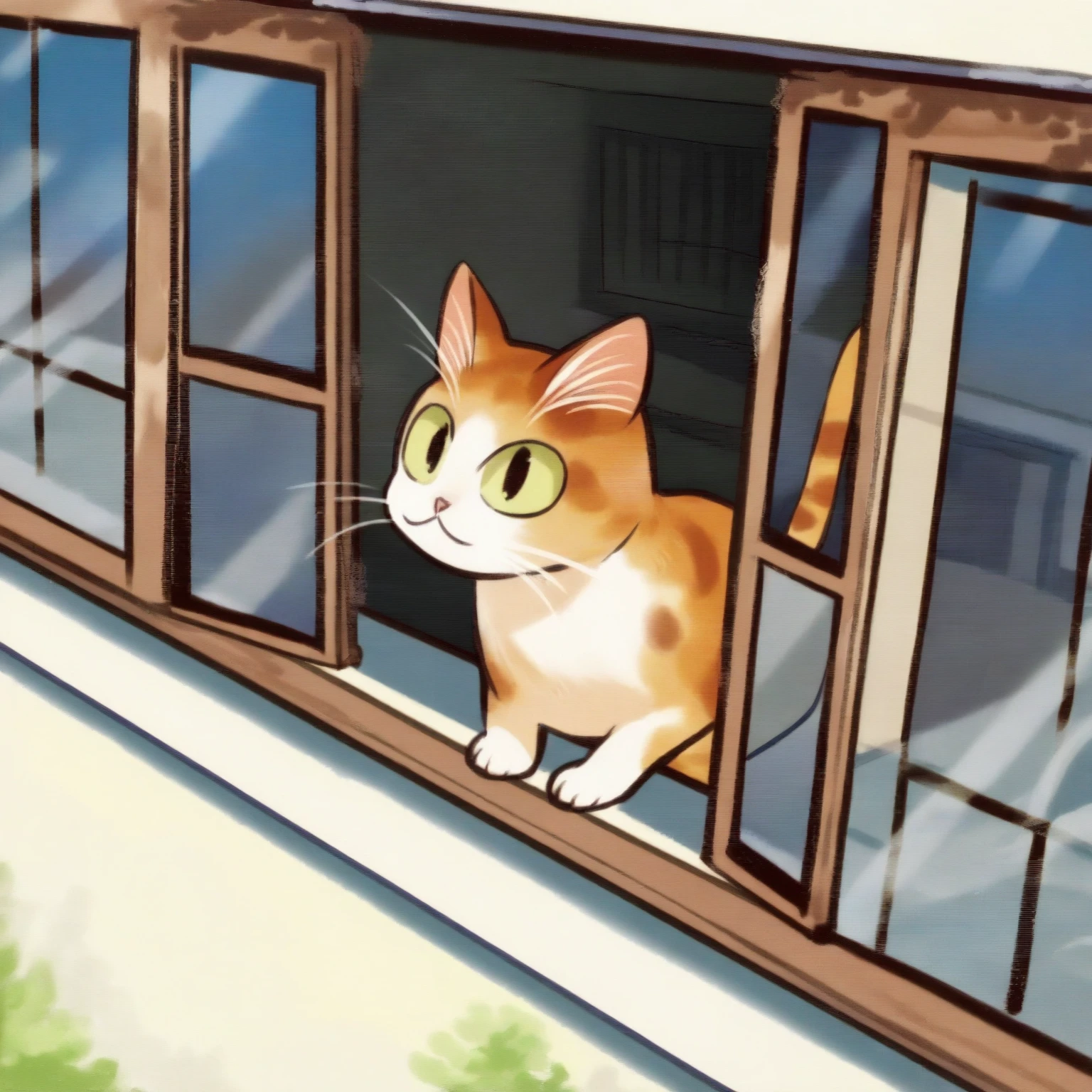 Cat is inside the house in the window sill, the cat is hissing at ...