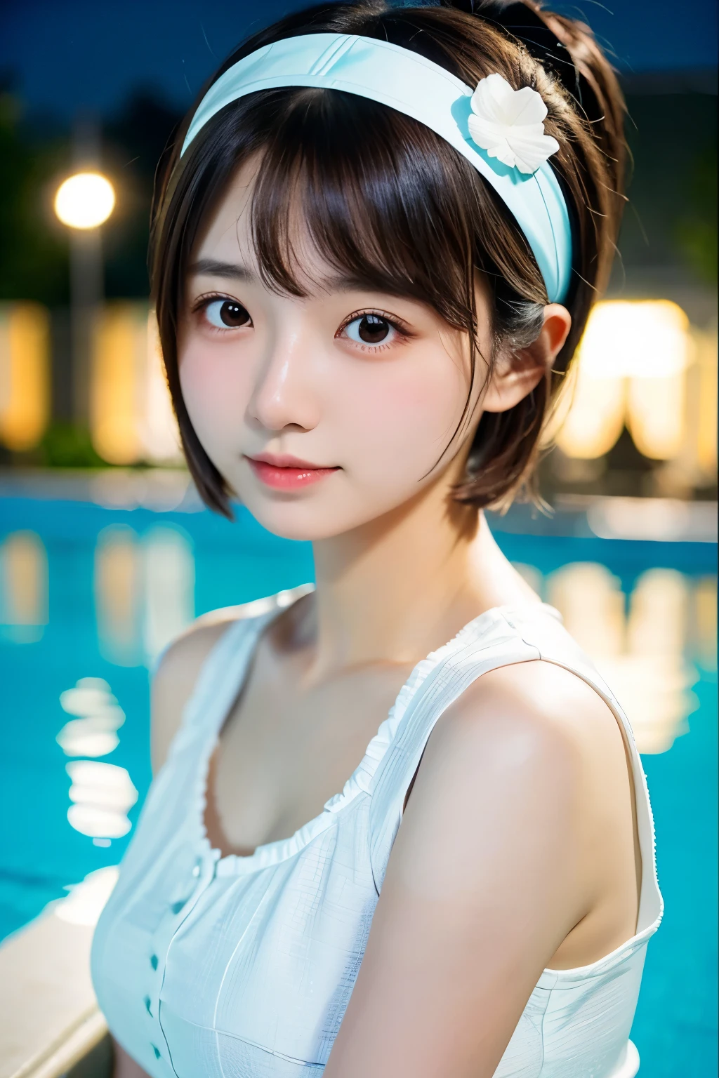 A close up of a woman wearing a white top near a pool - SeaArt AI