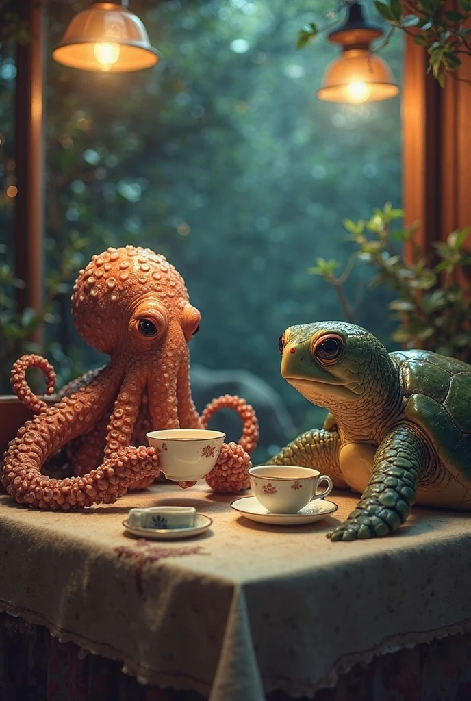 "An octopus and its friend, a sea turtle, are sitting at a cozy ...