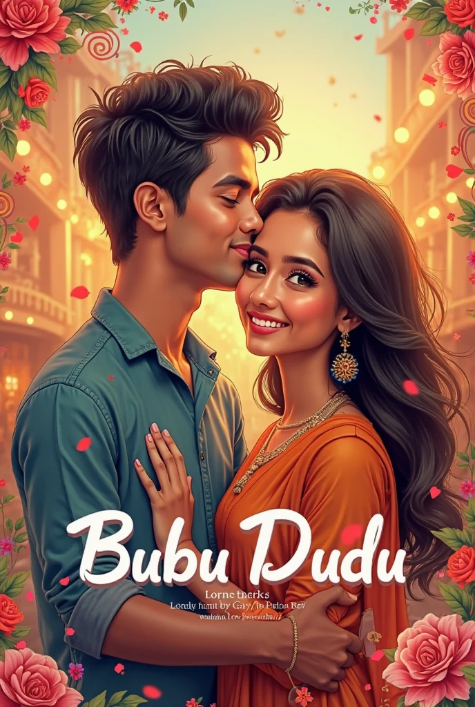 Cute couple pic on poster, Partha Love Subhosri lyrics in front of the poster - SeaArt AI