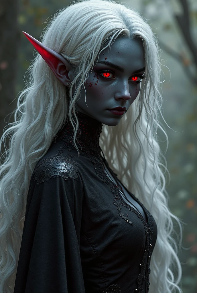 Drow is a female dark elf with unnaturally black skin, white long wavy ...