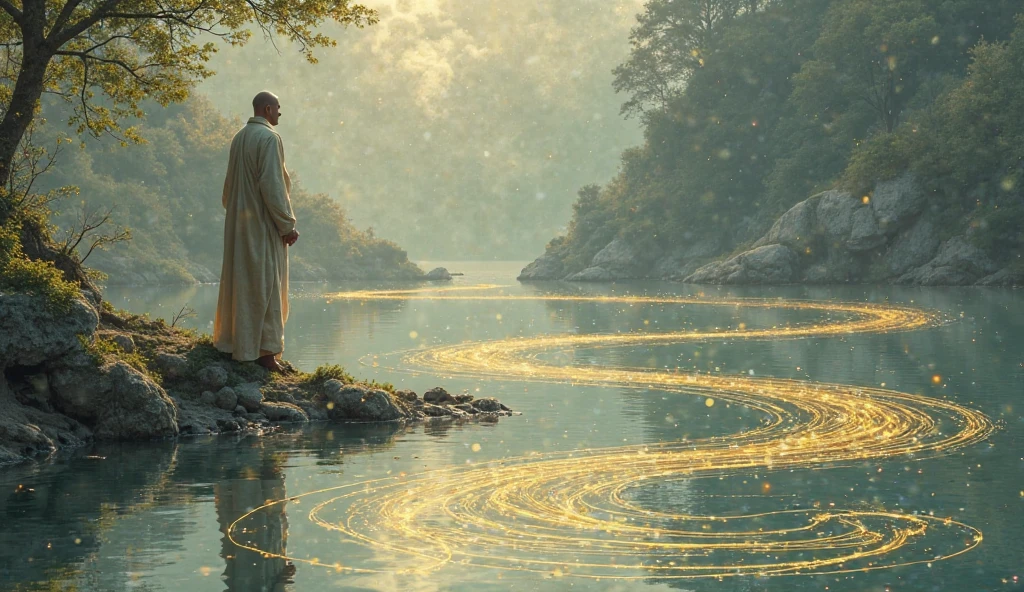 A monk standing by a riverbank, golden threads drifting on the water ...