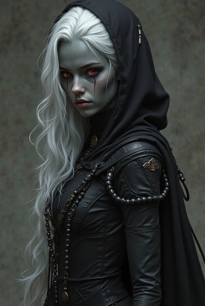 Drow is a female dark elf with unnaturally black skin, white long wavy ...