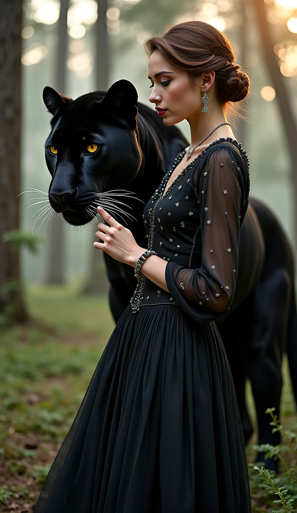 Young woman, European beauty in her thirties, standing in the twilight ...