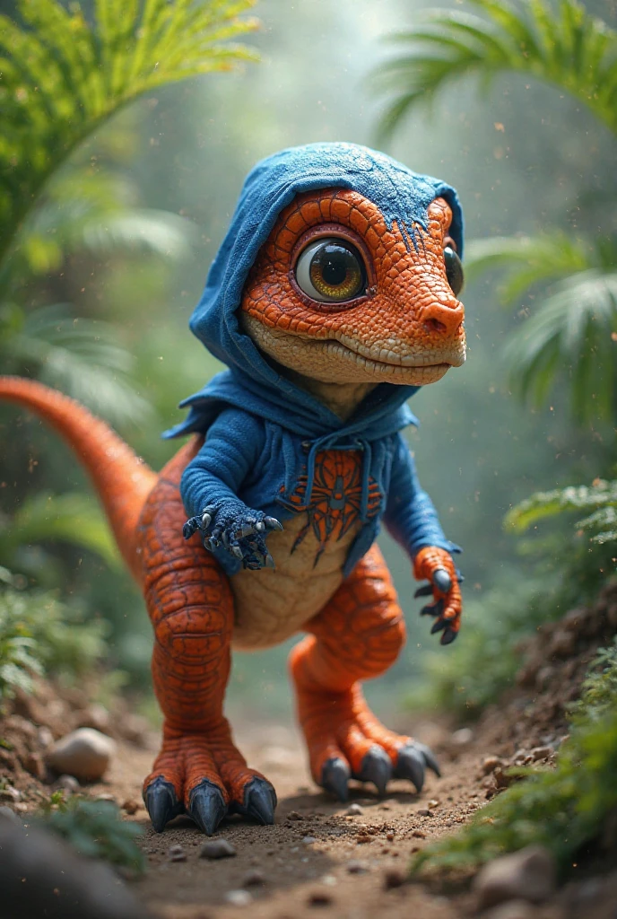 Velociraptor orange cub with strong blue spider-man costume - SeaArt AI