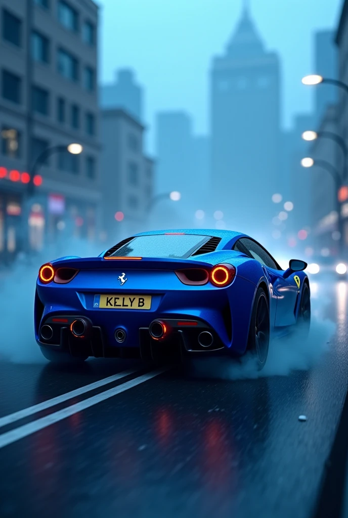 A drifting blue Ferrari with the plate number KELLY B.smoky road in a ...
