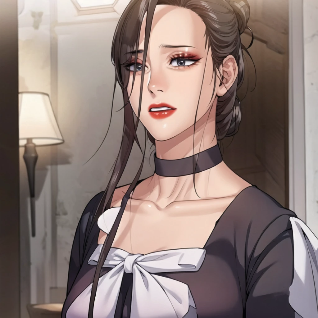 Mrs_ahn, 1girl, red lips, lipstick, single hair bun, wearing a black ...