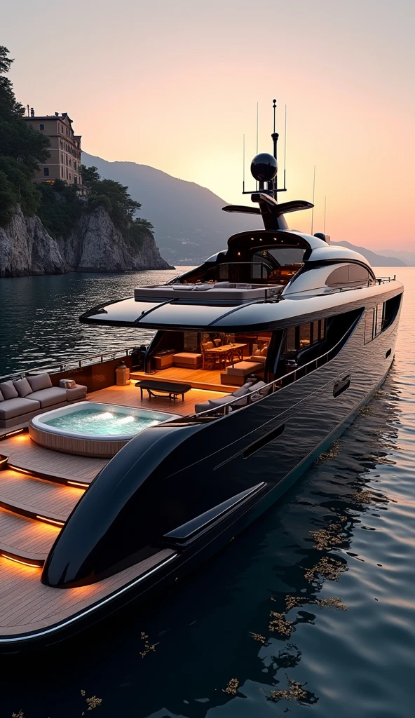 "A sleek, ultra-modern luxury yacht moored near a stunning Portofino ...