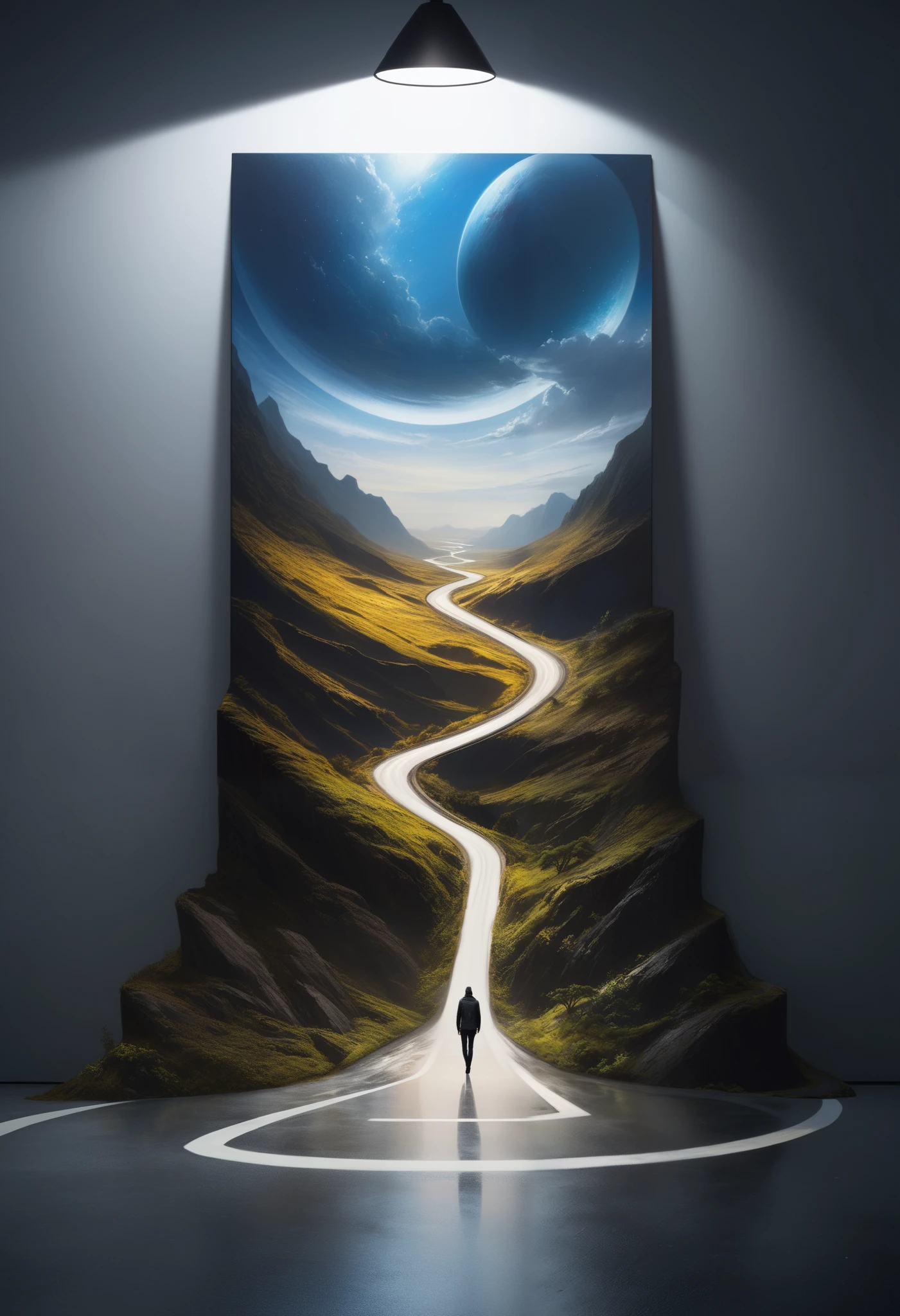 Arafed image of a man walking towards a road in a dark room - SeaArt AI