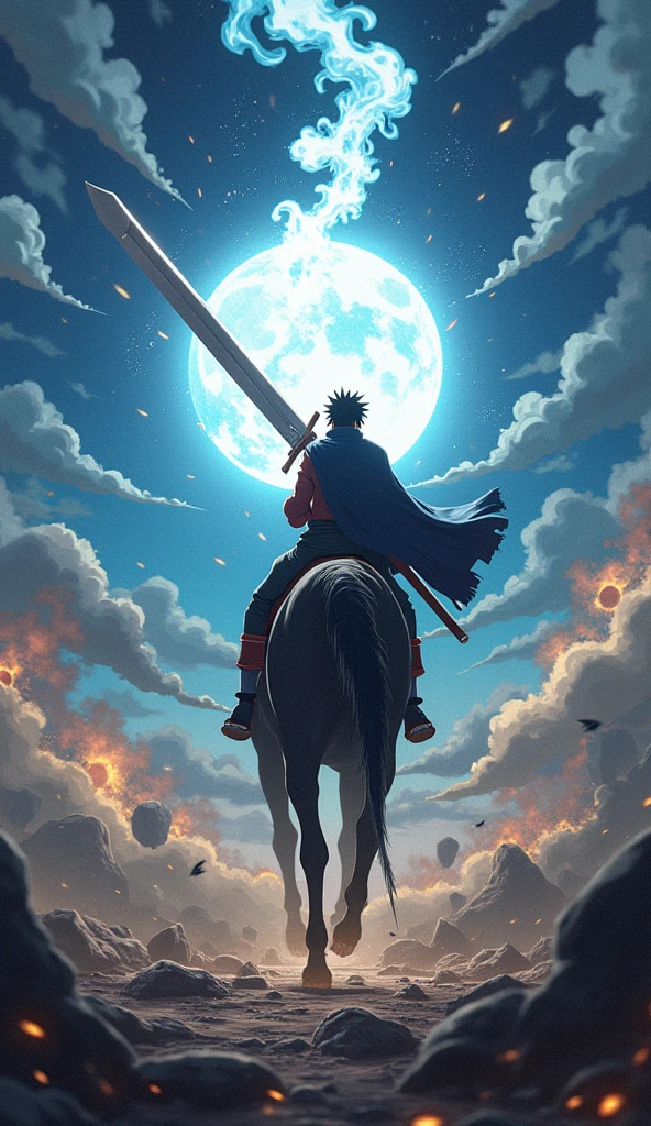 Sasuke Uchiha atop his Susano'o, holding a giant chakra sword - SeaArt AI