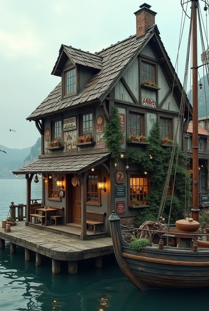 Design me a pub in a boat harbor that is almost dilapidated. - SeaArt AI