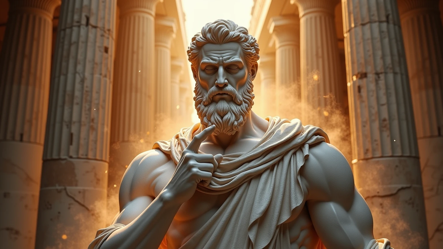 "An ultra-realistic marble statue of a stoic philosopher-warrior ...