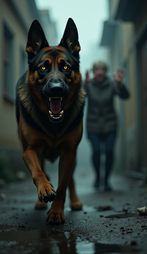 Create a highly detailed image of a fierce German Shepherd in an ...