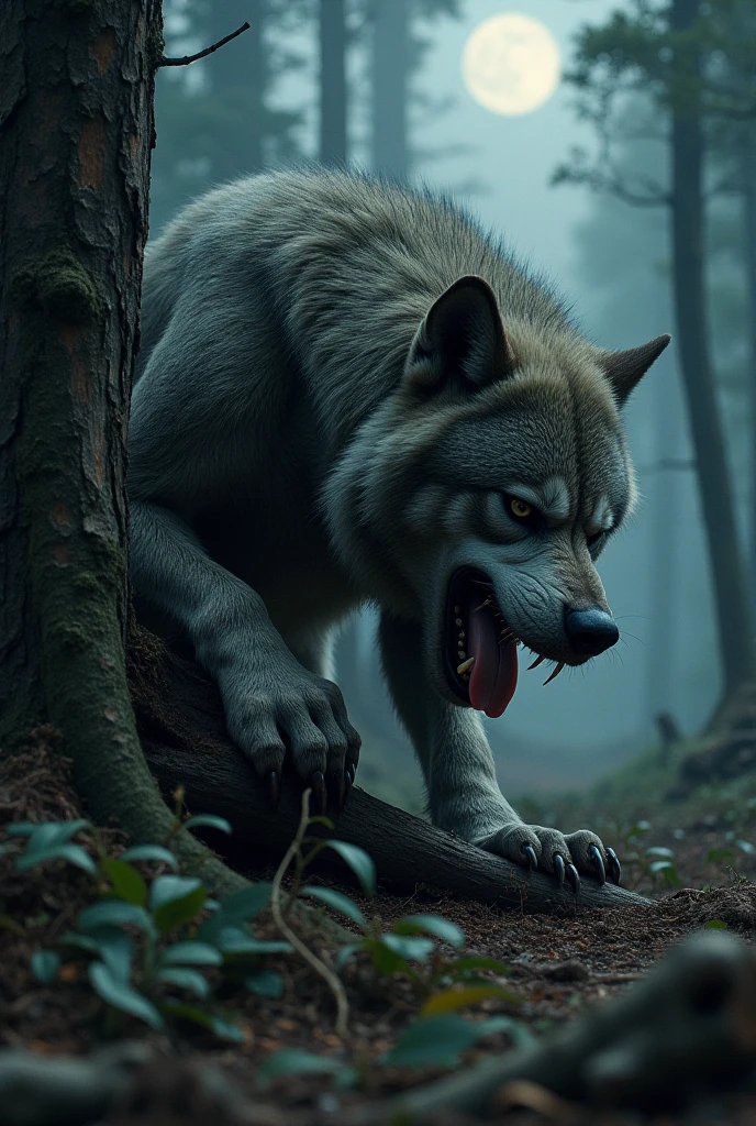 An exhausted werewolf, its massive fur-covered form bent over with ...