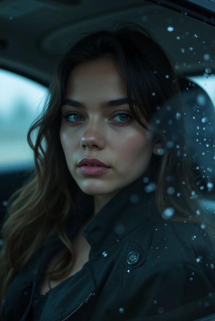 Hailee steinfeld in back of car looking out of window,,Heavy rain drops ...